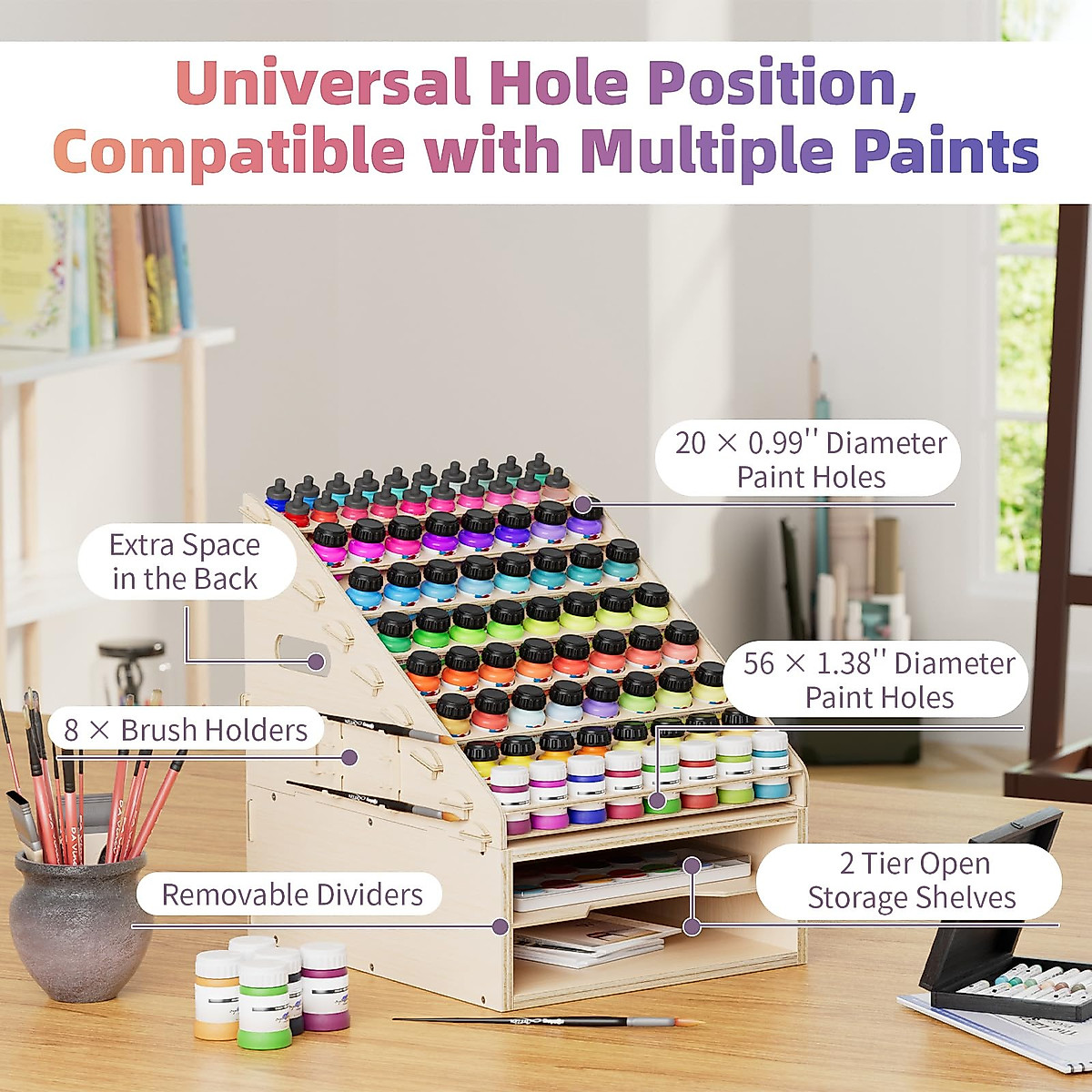 YAGEANNL Wooden Paint Organizer, Paint Rack Organizer with 76 Holes of 2 Sizes and 16 Brush Holders, 2 Cabinets Suitable for Citadel Paints, Craft Paint Storage Organizer for Miniature Paint Set