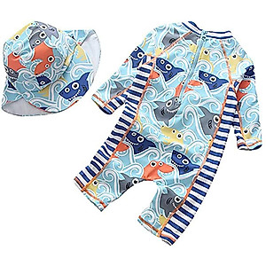 SWMSTUPF Baby Boys Toddlers Swimsuit One Piece Kids Zipper Bathing Suit Swimwear with Hat Rash Guard Surfing Suit UPF 50+（Blue,6-9Months）, 6-9 Months