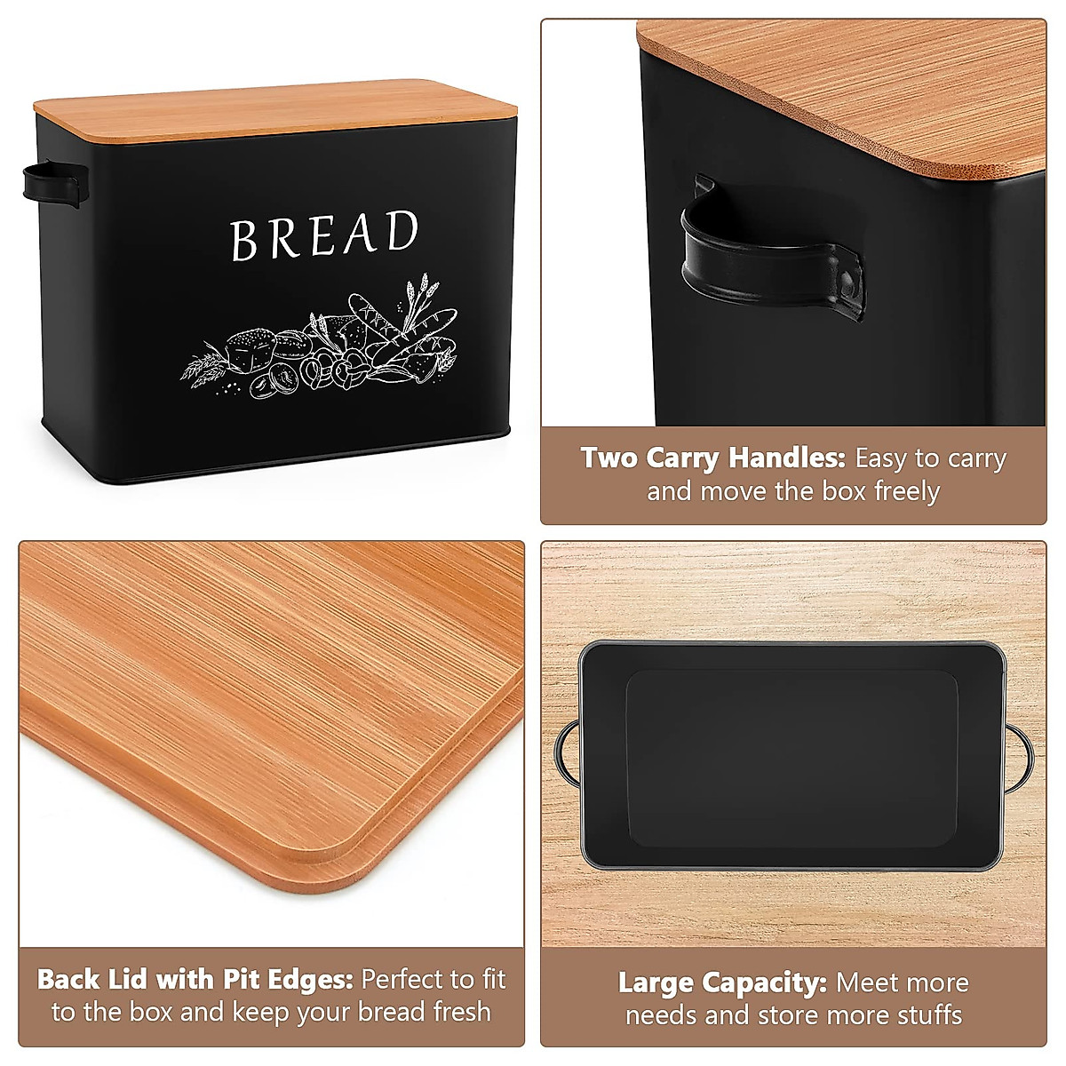 P&P CHEF Black Bread Box for Kitchen Counter, Metal Bread Storage Bin with Bamboo Cutting Lid, Large Capacity for Holding 2+ Loaves, Retro Modern Style, Size 13” x 7.2” x 9.7”