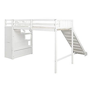 Merax Twin Size Loft Bed Frames with Silde, Staircase and Safety Guardrails No Box Spring Needed for Teens, Boys or Girls, White