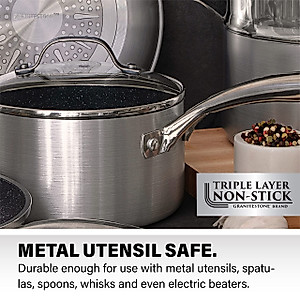 Granitestone Nonstick 3 Quart Saucepan with Glass Lid, Small Pot with Lid-Ultra Durable Coating with Brushed Exterior Silver-100% PFOA Free-Dishwasher & Oven Safe