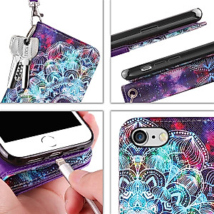 Vofolen 2-in-1 Case for iPhone 8 case iPhone 7 SE 2020 Wallet Card Holder Slot Detachable Strap Protective Slim Hard Shell Magnetic PU Leather Folio Pocket Flip Cover for iPhone 7 8 SE2 Mandala Purple
