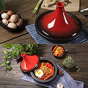 MYYINGBIN 1.7 Liters Moroccan Tagine Lead Free Ceramic Pot Safe Clay Stew Pot Cast Iron Base Suitable for 1-4 People, Red