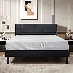 subrtex Bed Frame Twin Size with Headboard,Upholstered Faux Leather Mattress Foundation Platform with Solid Wood Slat Support,No Box Spring Needed,Noise-Free,and Easy Assembly Black