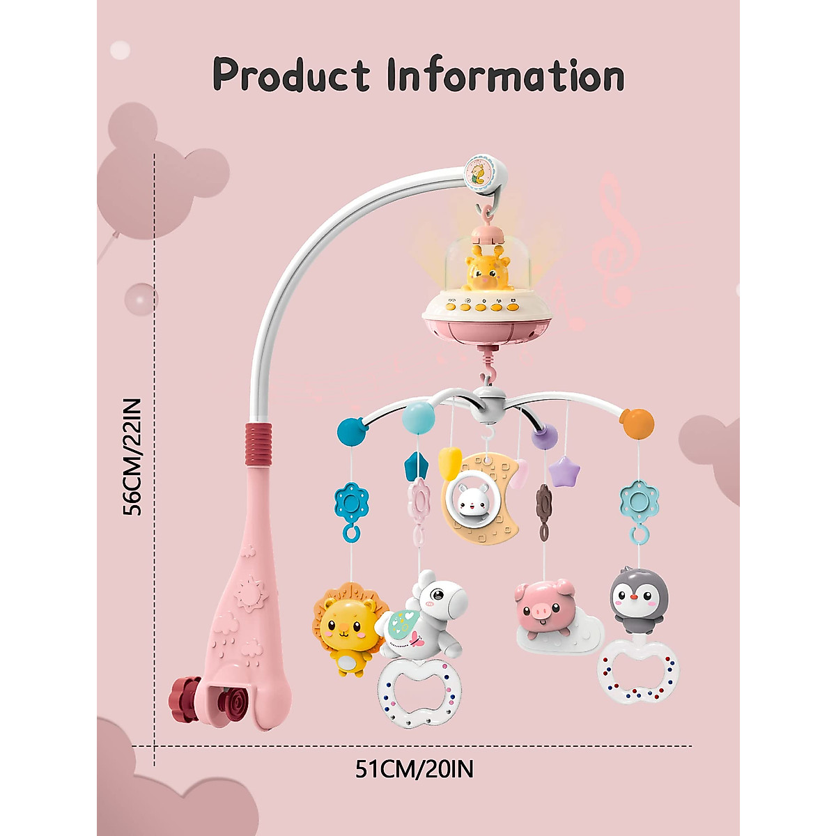 BSROLUNA Baby Crib Mobile with Music and Lights, Baby Mobile for Crib with Remote Control, Hanging Rotating Animals Rattles, 16 Songs and Timing Function, Cartoon Baby Crib Toys for Girls (BabyPink)