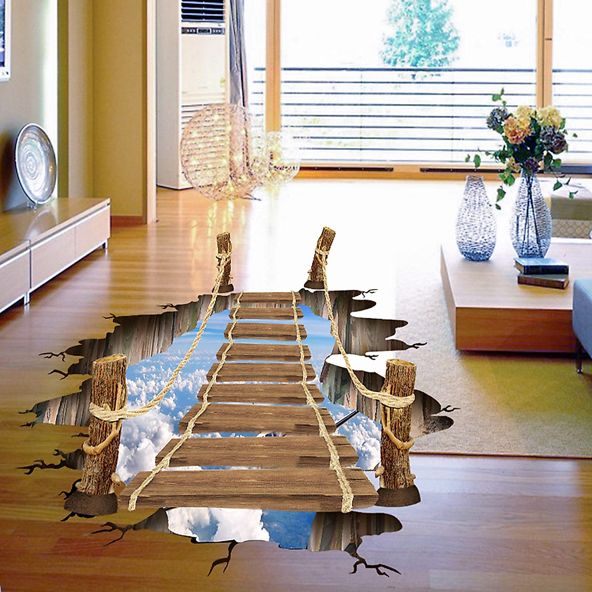 SuperDuo 3D Broken Wall Flame Bridge Home Room Floor Decor Volcano Rope Bridge Art Floor Decals Floor Flame & Lava Mountain Bridge Wallpaper Wall Stickers for Teen Kids Living Room Decor