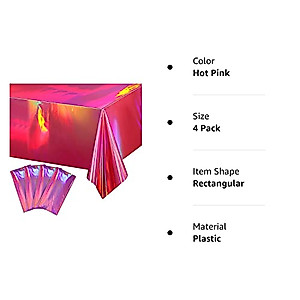 4 Pack Hot Pink Iridescence Plastic Tablecloths Shiny Disposable Laser Rectangle Table Covers Holographic Foil Tablecloth Party Decorations Birthday Bridal Wedding Christmas, 54 x 108 Inch