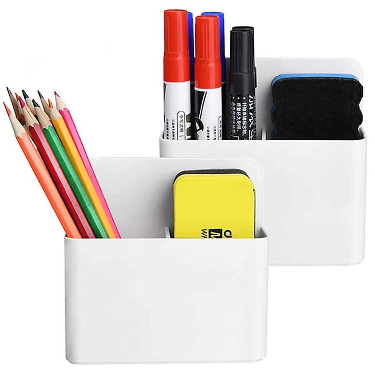 Magnetic Dry Erase Marker Holder,Pen and Eraser Holder for Whiteboard，Magnet Pencil Cup Utility Storage Organizer for Office , Refrigerator, Locker and Metal Cabinets (2 Pack)