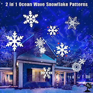 Christmas Projector Lights Outdoor, Brightness Increase HD 2-in-1 Ocean Wave Snowflake LED Holiday Projector Lights Indoor 12 Slides * 8 Patterns, Waterproof for Party Garden Landscape