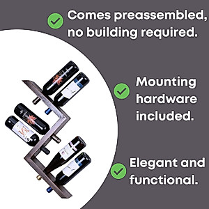 Charmont Wooden Wall Mounted Wine Rack -Rustic Zig Zag Floating Shelves Wine Bottle Holder for Bar, Kitchen Storage, Dining Room, Wedding Gift, Wall Home Décor; 6 Bottles (Dark Walnut)