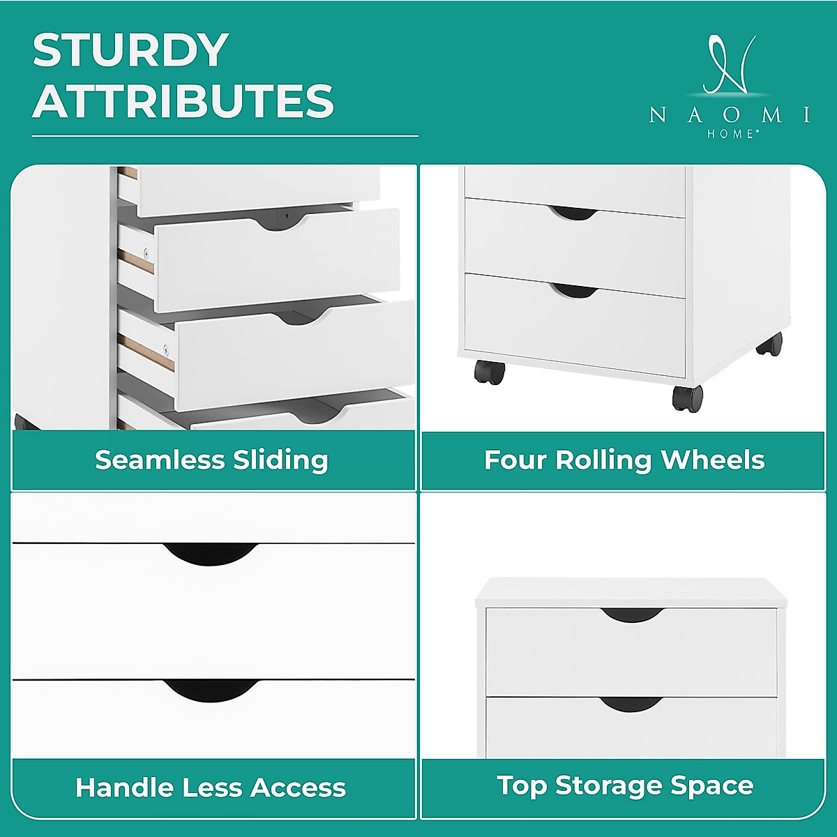 Naomi Home 5 Drawer Dresser for Bedroom, Stylish Tall Dressers with Wheels, Storage Shelves, Small Dresser for Closet, Makeup Dresser with 180 lbs Capacity - White