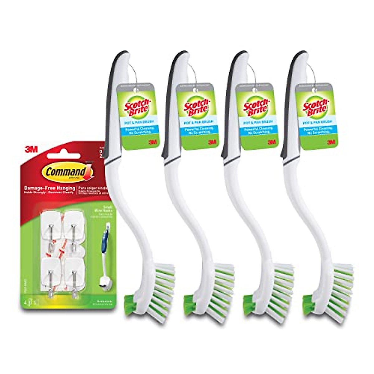 Scotch-Brite Pot Pan & Dish Brush (4 Count) + Command Small Wire Hooks, White (4 Hooks, 5 Strips)