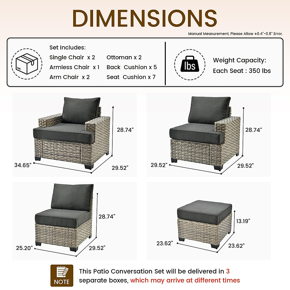 CAODOC Patio Furniture Sets 7 Pieces Outdoor Sectional Rattan Sofa Manual Weaving Wicker Patio Conversation Set with Ottomans and T Cushion(Black)