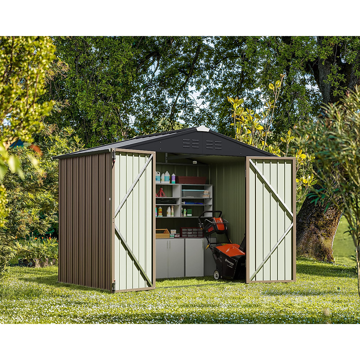 Greesum Metal Outdoor Storage Shed 8FT x 6FT, Steel Utility Tool Shed Storage House with Door & Lock, Metal Sheds Outdoor Storage for Backyard Garden Patio Lawn (8’x 6'), Brown