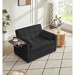 Velvet Pull Out Sofa Bed with Side Table, Convertible Loveseat Sleeper with Tufted Backrest, Modern Futon Couch for Living Room, Bedroom (Black)