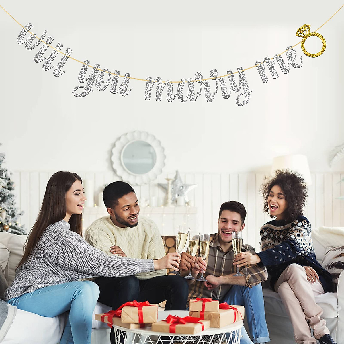 WeBenison Silver Glitter Will You Marry Me Banner for Bachelorette Party Decor Bridal Shower Wedding Engagement Party Supplies