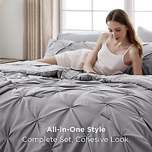 BEDSURE Queen Comforter Set - Bed in a Bag Queen 8 Pieces, Pintuck Bedding Sets Grey Bed Set with Comforters, Sheets & Skirt, Pillowcases & Shams