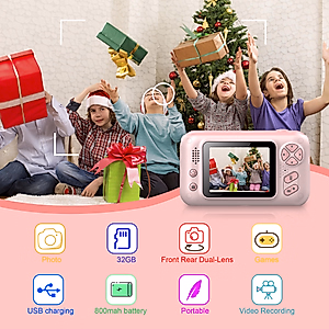 Makolle Kids Camera,Kids Camera for Girls,Kids Digital Camera Kids Video Camera for vlogging with 32GB SD Card,Toddler Toys Christmas Birthday Gifts for Girls Age 3-9, Pink