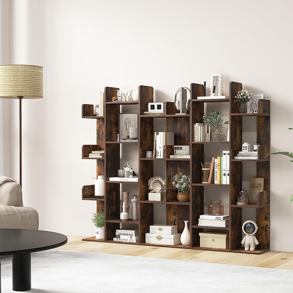 Tangkula Freestanding Tree Bookshelf, Corner Storage Organizer with 13 Open Shelves, Decorative Display Cube Shelf for Living Room, Study, Office, 34 x 9.5 x 55.5 Inch (1, Rustic Brown)