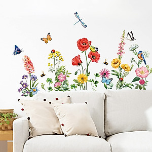 decalmile Garden Flower Wall Stickers Birds Butterflies Poppy Flower Wall Decals Baby Nursery Kids Bedroom Living Room Wall Decor