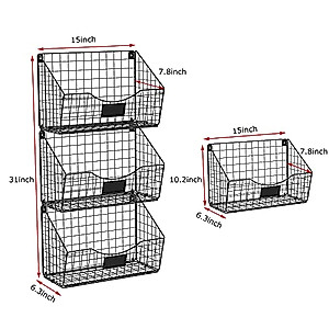 X-cosrack 3 Tier Hanging Metal Wire Basket Bin Extra Large with 5 Hooks Foldable Wall Mount File Holder Sorter Magazine Mail Rack Fruit Organizer for Kitchen Bathroom Entryway Garage Office-Large Size