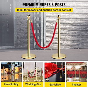 VEVOR Velvet Ropes and Posts 4 Pcs, 5 ft Red Velvet Rope, Stanchion Post with Ball Top, Crowd Control Barriers Gold Stanchions, Red Carpet Poles, Crowd Control Ropes and Poles for Party Supplies