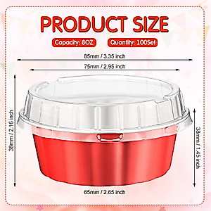 100 Pack Disposable Ramekins with Lids 8 oz Creme Brulee Ramekin Aluminum Foil Cup Cupcake Liner for Baking Disposable Muffin Tin Pan Cheesecake Container for Catering Wedding Party (Red, Silver)