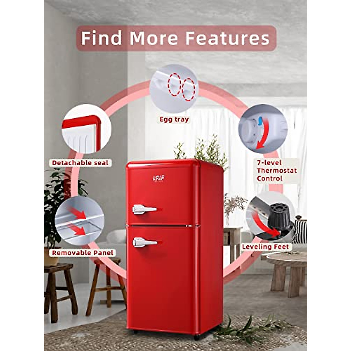 KRIB BLING Compact Refrigerators with Freezer, Mini Fridge with 7 Level Temp Adjustable Thermostat, Small Fridge for Apartment, Office, Basement, Red