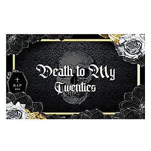 Funnytree Death to My Twenties Theme Backdrop for Thirties Birthday RIP to My 20s Youth Gothic Skull Coffin Black Party Background Decorations Banner Cake Table Photography Studio Props