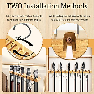 Wooden Belt Hanger for Closet 2-in-1 Wall Mount Belt Organizer Holder for Closet Organizer Storage, Ratchet Belt Rack Closet Accessories with 12 Slots & 11 Hooks