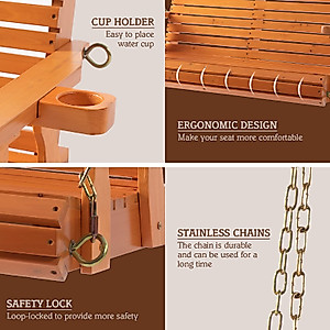 Porch Wooden Swings with Chain - Outdoor Finished Hanging Bench Swing Chair Furniture 2 Seater, Natural for Garden, Courtyard, Patio