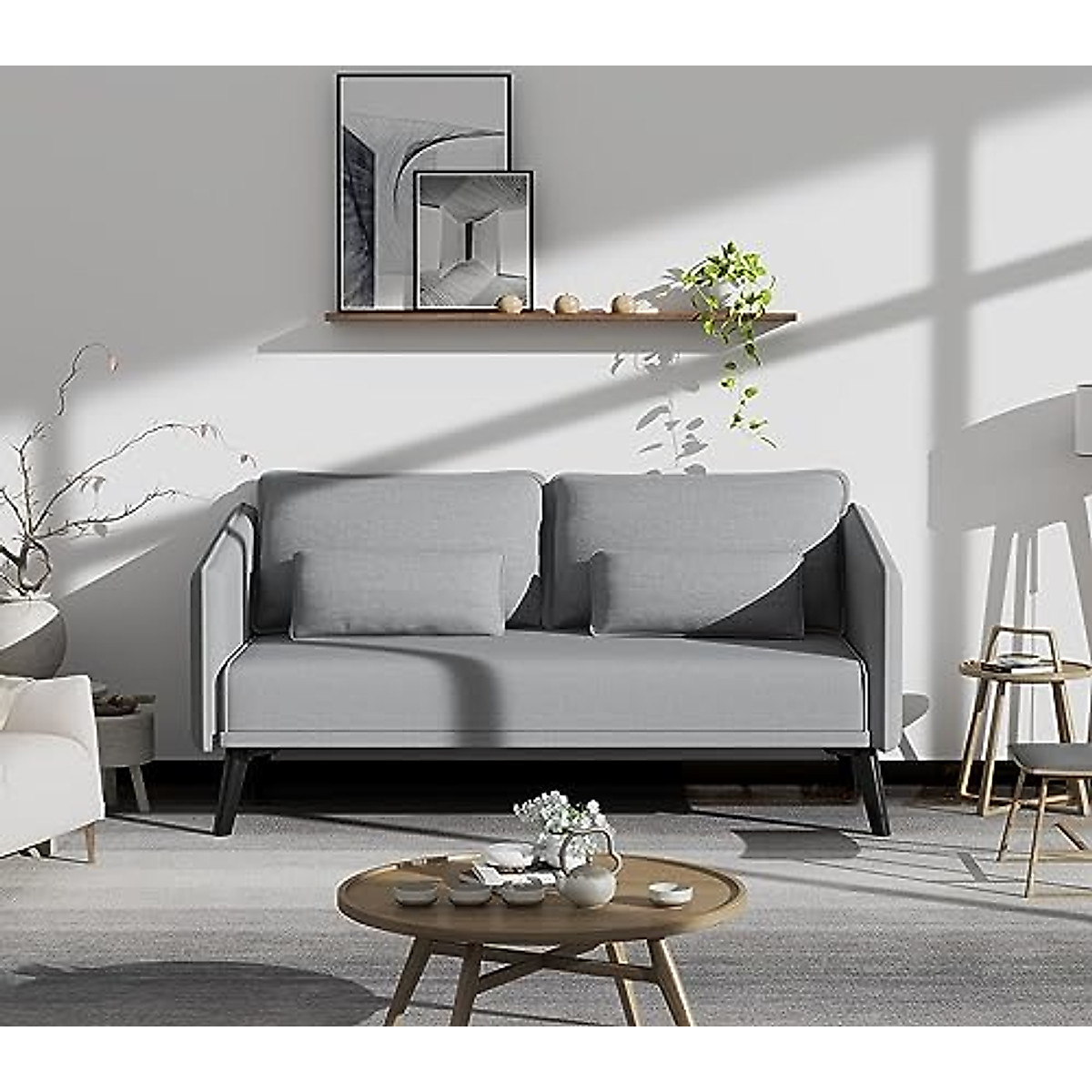 Lonkwa Loveseat Couch Sofa 59", Upholstered Couches for Living Room, Modern Fabric Love Seat, Mid Century 2 Seate Small Sofa with 2 Pillows - Small Space Office Bedroom Apartment, Light Grey