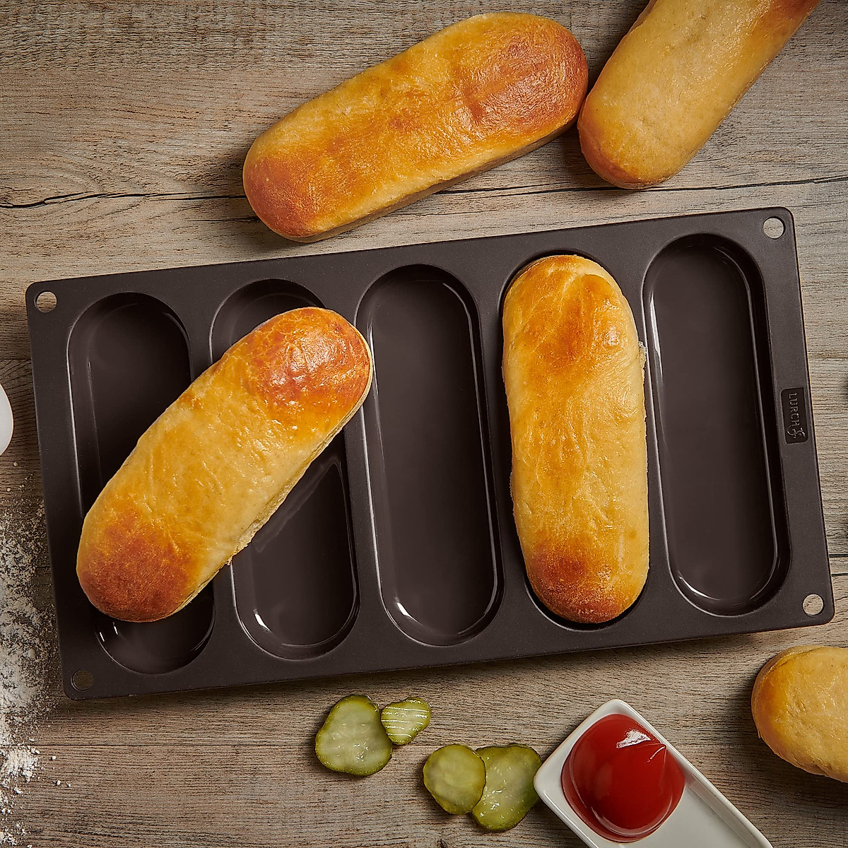 LURCH Germany Hot Dog Buns Mold | Silicone Non-stick Flexiform Baking Pan | 6-inch Hotdog shaped Bread, Rolls, Cake and Eclair Tray | BPA-Free