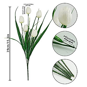 Ruidazon 6 Bundles Tulips Artificial Flowers,30 Heads Outdoor Artificial Tulip Faux Plastic Greenery Shrubs Plants UV Resistant for Easter Home Outside Garden Porch Window Decor (White)