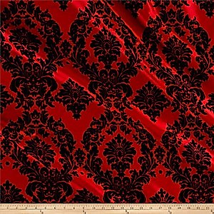 Flocked Damask Taffetta Red/Black, Fabric by the Yard