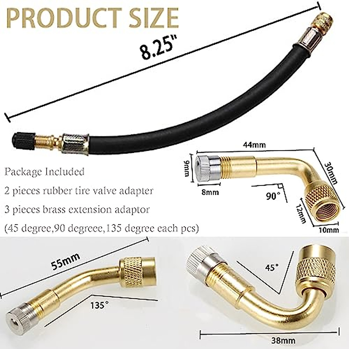Z-oneMart 5 Pack Tire Valve Extension, 2Pcs 8.25 Inch Flexible Valve Stem Extenders with Brass 45 90 135 Multi Degree Schrader Tire Valve Stem Extension Adaptor Compatible for RV Bike Motorcycle Car