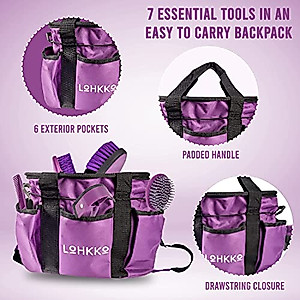7-Piece Horse Grooming Kit with Organizer Tote Bag, Tack Room Supplies Set with Assorted Hair and Curry Brushes, Hoof Pick, and Sweat Scraper, Great Groomer Gift, Horse Riders, Beginner, Advanced, Purple OR Blue Avail