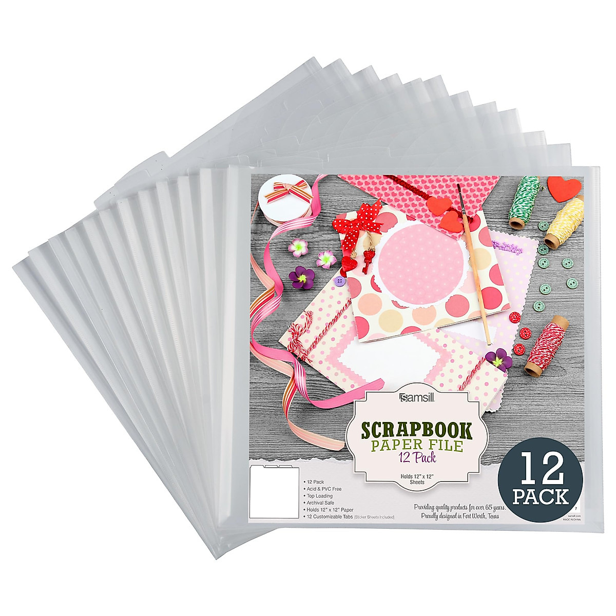 Samsill Scrapbook Paper Storage Organizer, 12 Count of Individual Top Loading Files with Customizable Tabs, Holds 12 x 12 Inch Scrapbook Paper, Vinyl Paper, Photos, Clear, PVC and Acid Free, 12 Pack