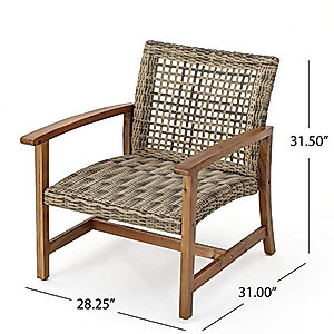 Christopher Knight Home Hampton Outdoor Mid-Century Wicker Club Chairs with Acacia Wood Frame, 2-Pcs Set, Natural Stained / Grey