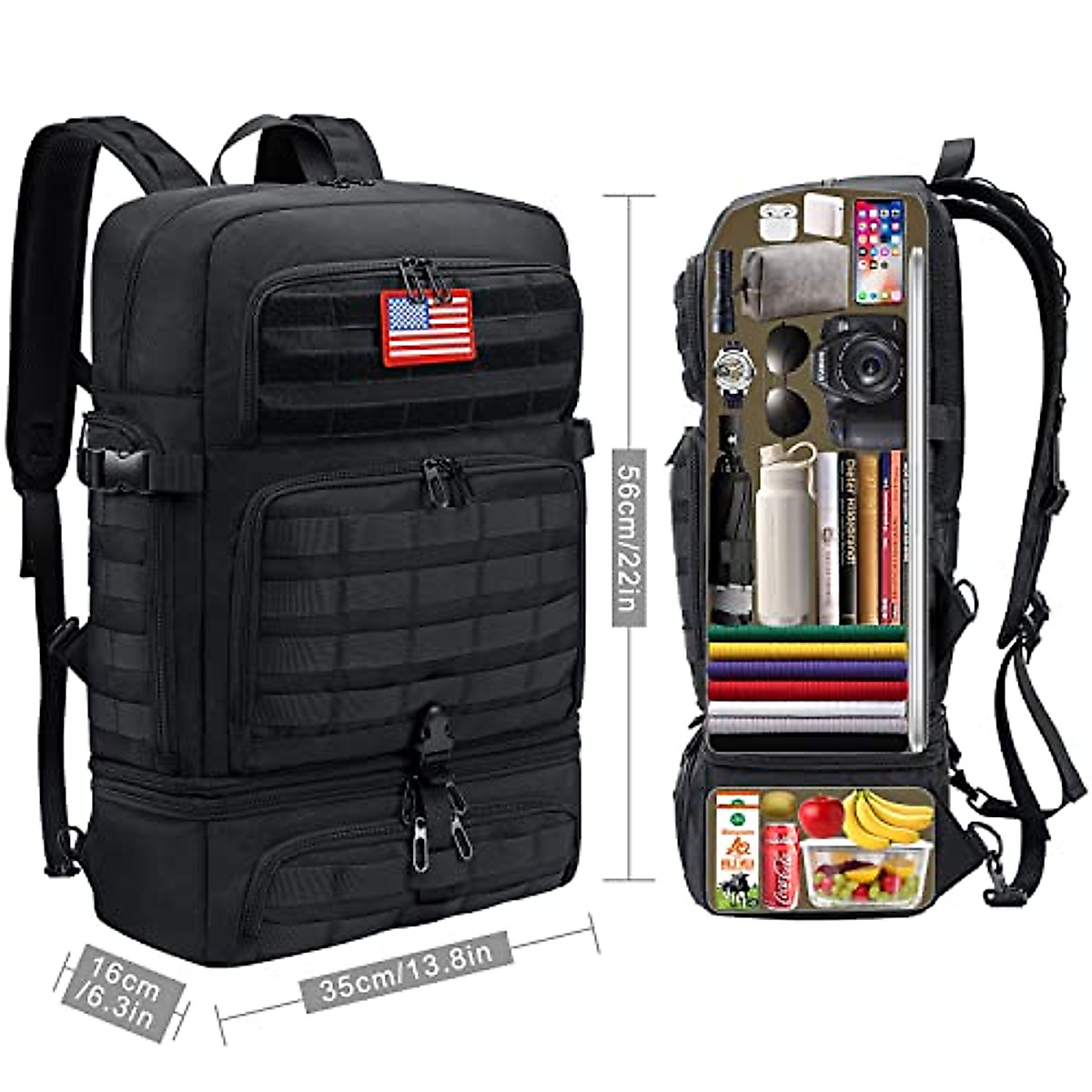 BERTASCHE Lunch Backpack for Men, 17 inch Laptop Backpack for Work Travel Camping Tactical Molle Daypack, Black