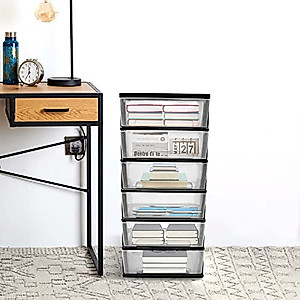 RustyVioum 6-Tier Books Storage Organizer, Rolling Storage Carts File Storage, Rolling Kitchen Cart Trolley w/Wheels for Closet Living Room Hallway Dormitory, Black+Clear/White+Clear (Black+Clear)