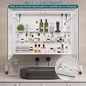 DICTAC Lighted Medicine Cabinet with Mirror and Storage Bathroom Wall Cabinet with Mirror and Outlets 31.5''x23.6'' Wall Mounted Mirror Medicine Cabinets with Led Lights and Adjustable Shelves,White