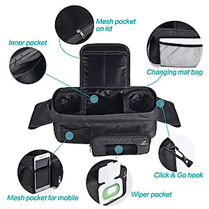 Hakofrik Universal Baby Stroller Organizer, Stroller Caddy with 2 Insulated Cup Holders Fits Almost All Stroller and Pushchair. Easy Access Wipe Holder, Free Shoulder Strap with Soft Cushion.