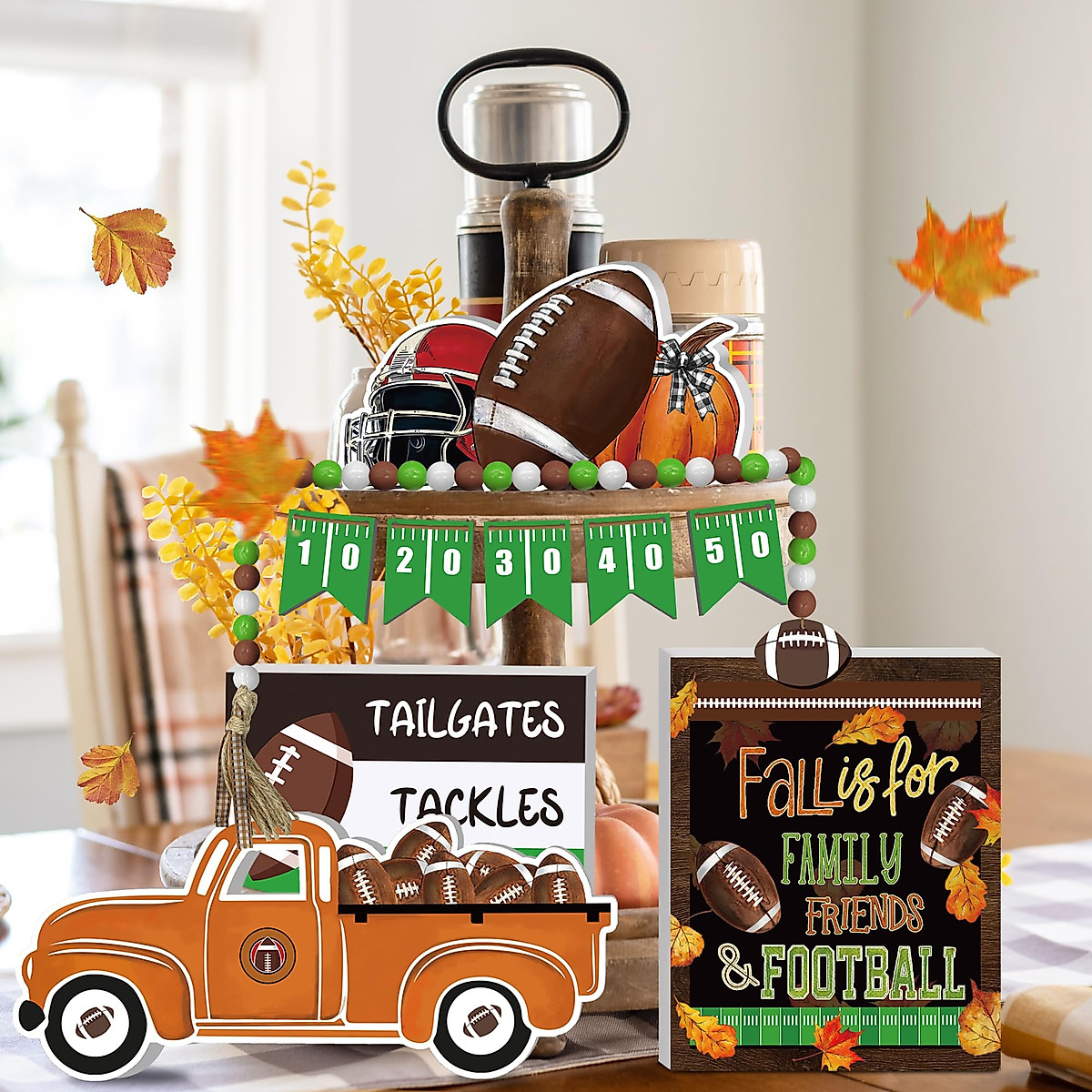 Fall Decor - Football Tiered Tray Decor Bundle 6 PCS - Fall Decorations for Home, 4 Football Wooden Signs - Wood Beads Garland - Mini Wooden Banner - Farmhouse Home Autumn Harvest Table Shelf Decor