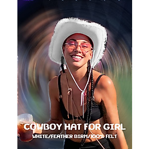 YBHOMINE Cowboy Hat with Heart Sunglasses - Cowgirl Hat with Feather Boa Brim for Women&Men,Bachelorette Party Halloween (White)