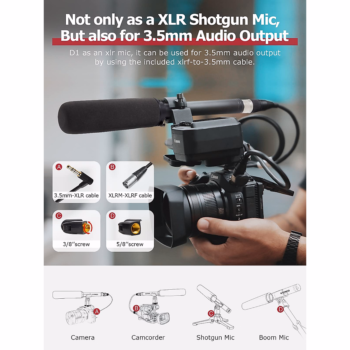 SYNCO Condenser Shotgun Microphone, Mic D1 Video Camera XLR Shotgun Microphone for DSLR Camera Camcorder, Super Cardioid Directional Mic