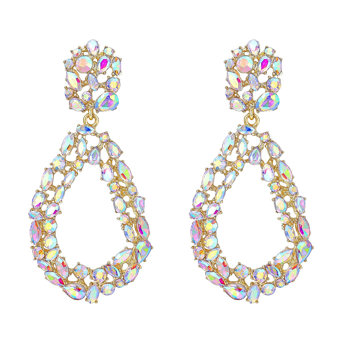 Flyonce Women's Crystal Open Hoop Oval Drop Pierced Dangle Earrings Iridescent Clear AB Gold-Tone