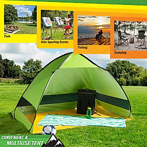 Pop Up Beach Tent - Fits 2-3 People - Sun Shelter with UV Protection and Ventilation - Water and Wind Resistant Camping Canopy by Wakeman (Green)