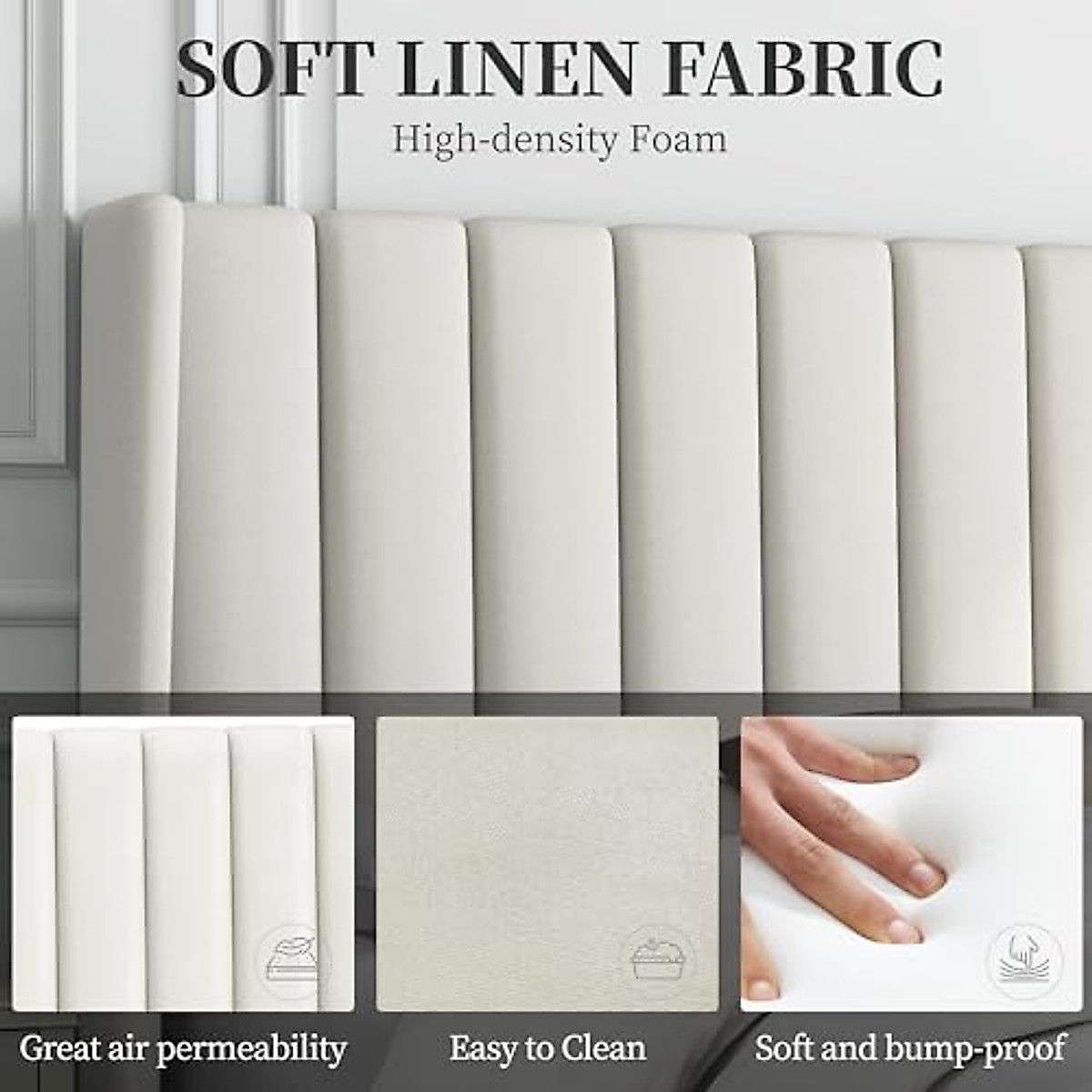 Yaheetech Full Bed Frame Upholstered Platform Bed with Fabric Headboard, Wing Edge Design/Non-Slip and Noise-Free/Wooden Slats Support/No Box Spring Needed/Easy Assembly, Beige Full Bed