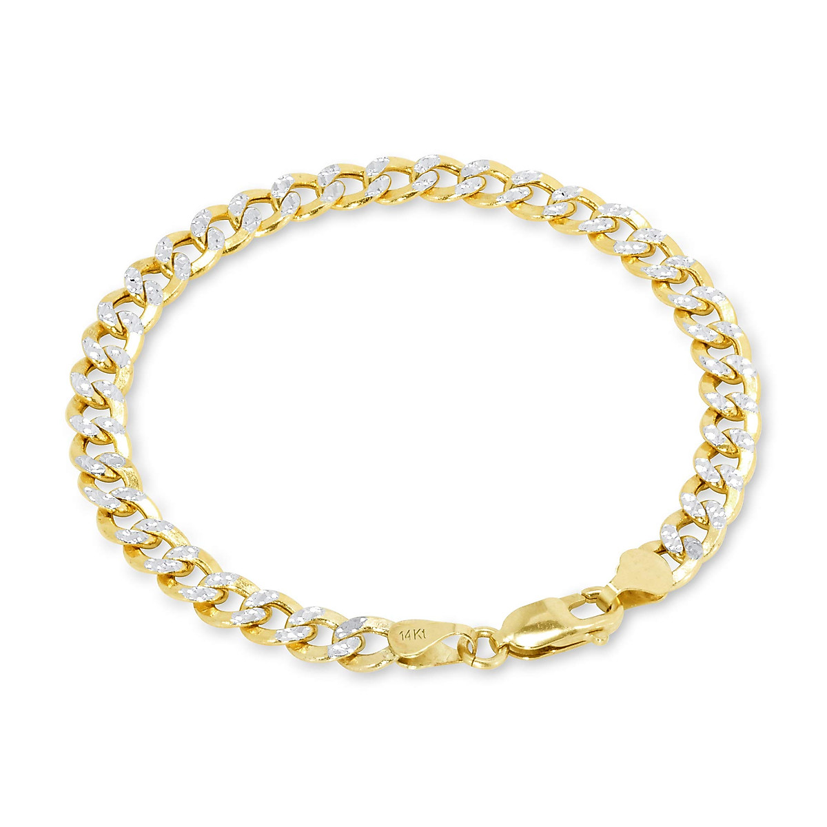 Nuragold 14k Yellow Gold 7mm Cuban Chain Curb Link Diamond Cut Pave Two Tone Bracelet, Mens Womens Jewelry 7" 7.5" 8" 8.5" 9"